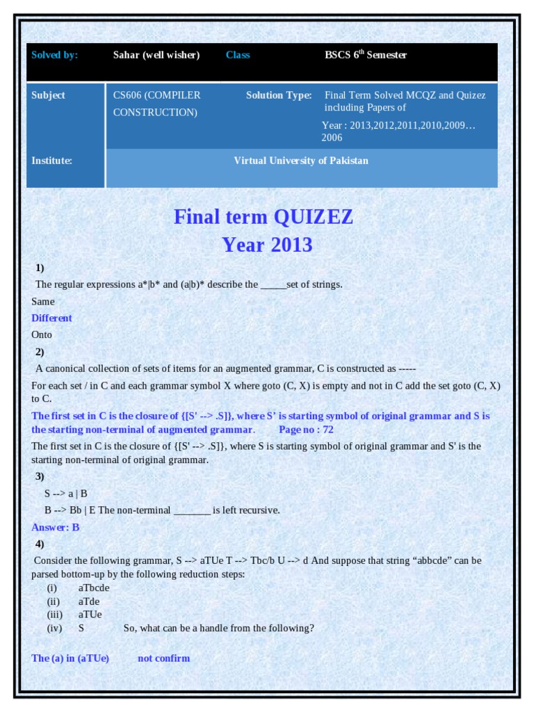 Cs606 Final Term Quizez and MCQZ Solved With Refer | PDF | Parsing | Compiler