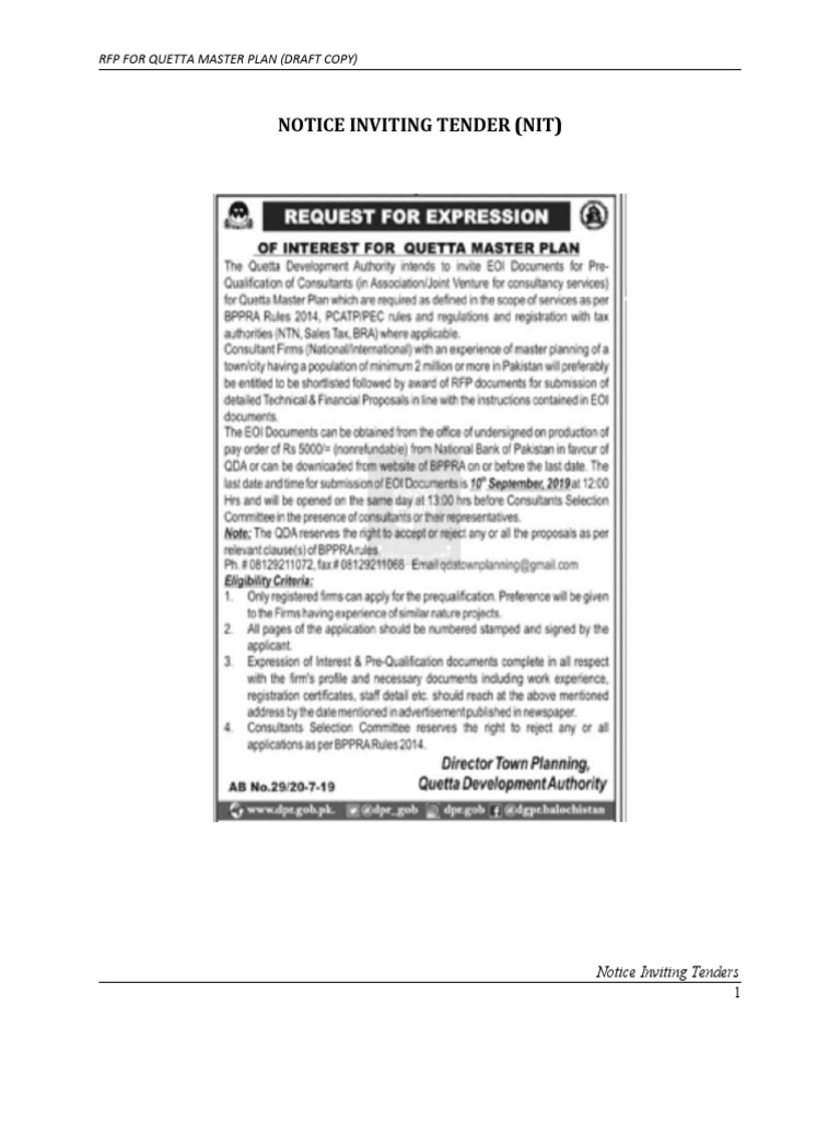 1.quetta Master Plan RFP Draft1 | PDF | Request For Proposal | Procurement
