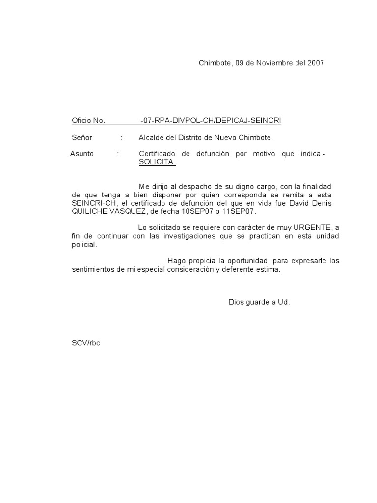 Oficio Certificado de Defunción | PDF