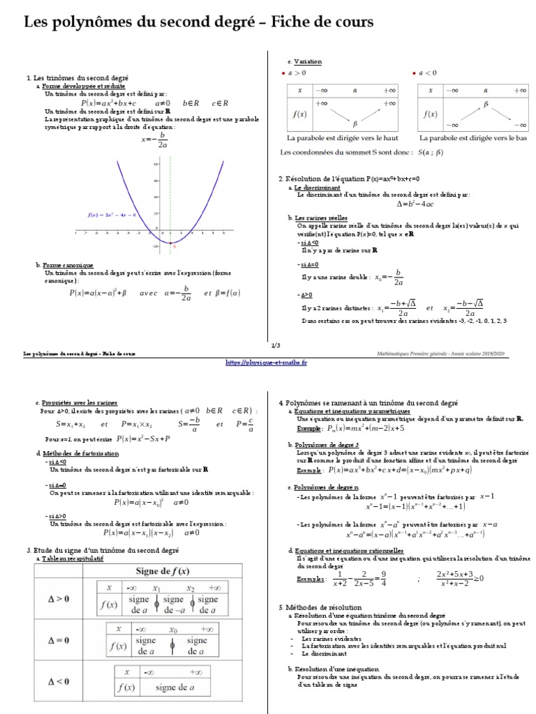 Polynomes Second Degre Fiche Cours | PDF | Zéro d'une fonction | Algèbre