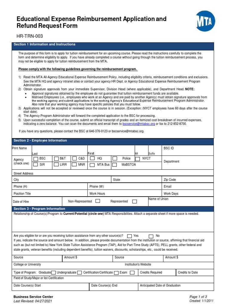 Educational Expense Reimbursement Application and Refund Request Form ...