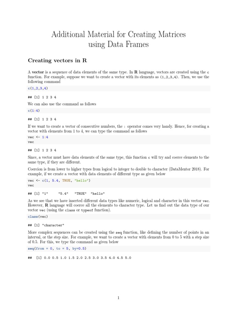 Creating Matrices Using Data Frames Additionalmaterial Pdf Matrix