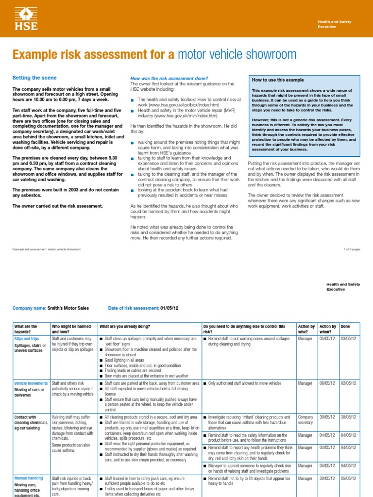 Motor Vehicle Showroom: Example Risk Assessment For A | PDF | Risk ...