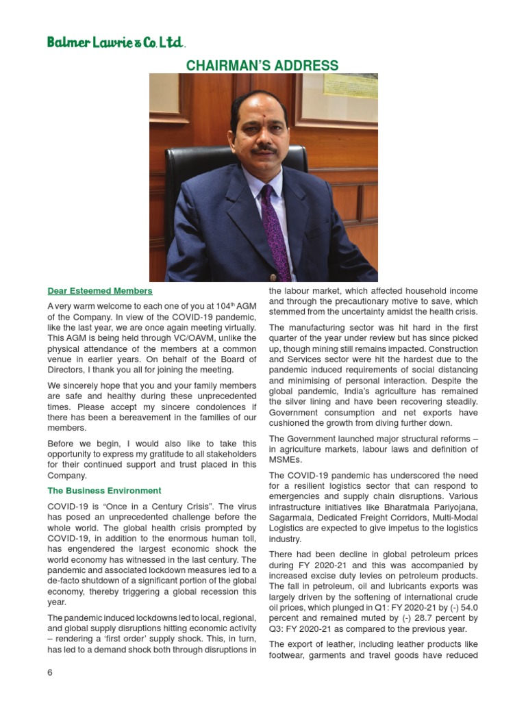 Chairman'S Address: Dear Esteemed Members | PDF | Corporate Social ...