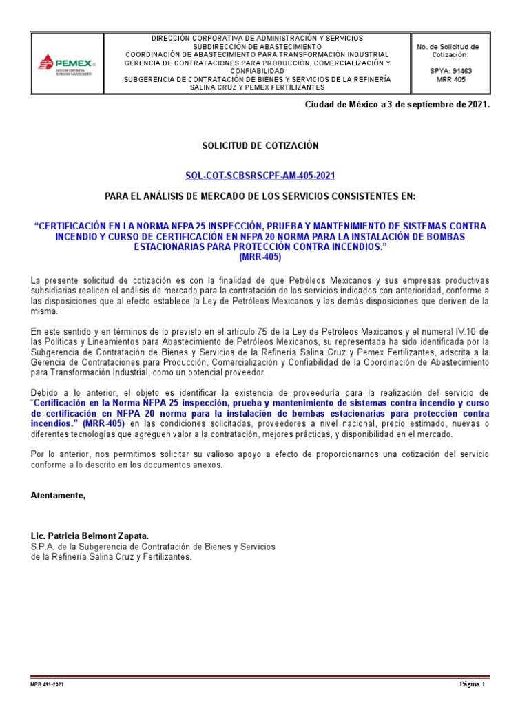 SOL-COT-SCBSRSCPF-AM-405-2021 - Certificacion Norma NFPA25 | PDF | México | Economias