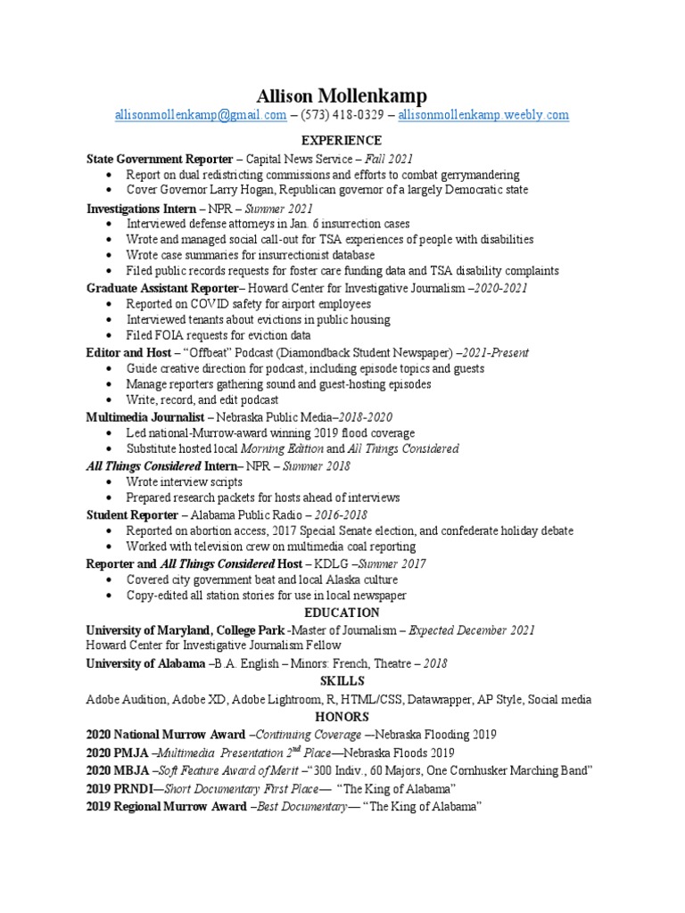 Mollenkamp Resume September 2021 | PDF | Journalism | Mass Media