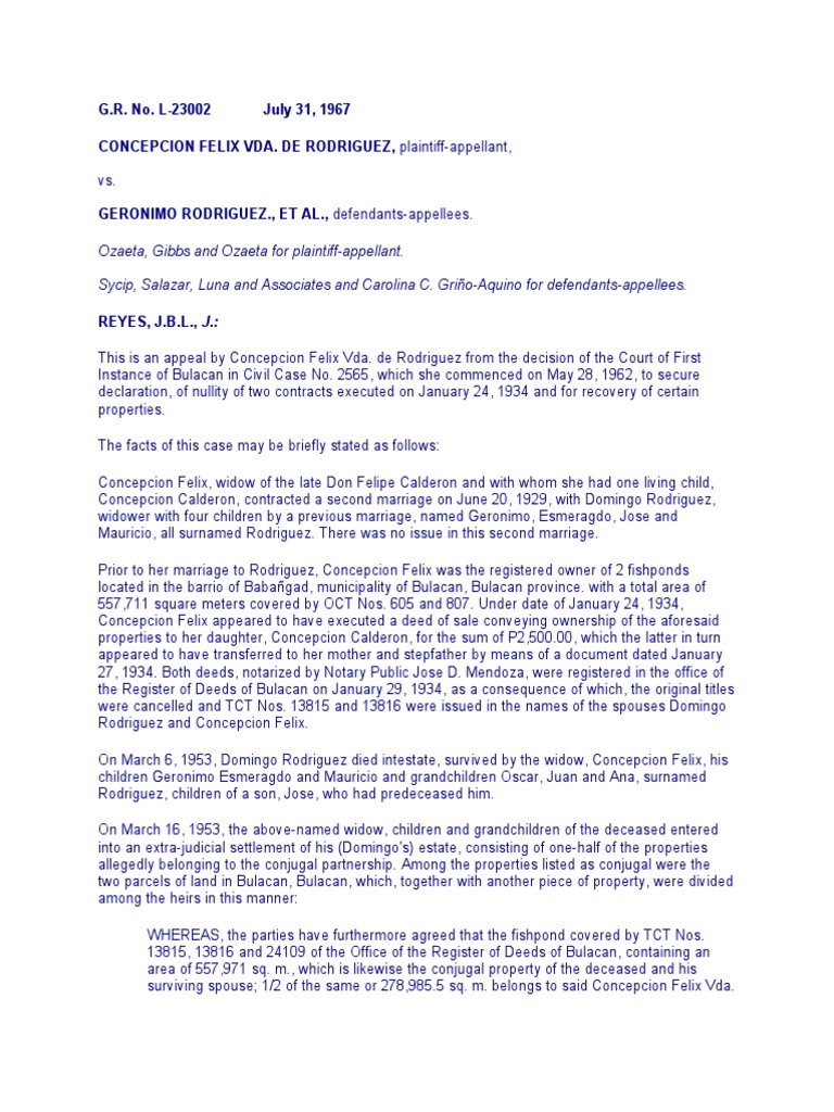 G.R. No. L-23002 July 31, 1967 CONCEPCION FELIX VDA. DE RODRIGUEZ ...