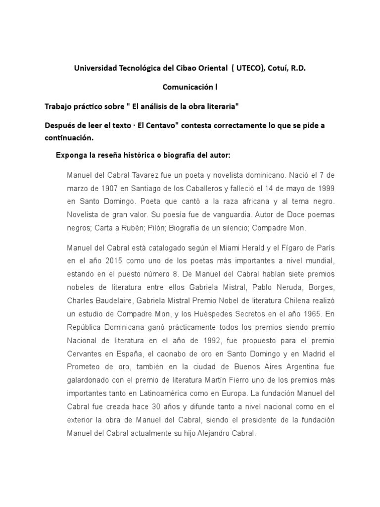 Análisis de El Centavo | PDF | Autor