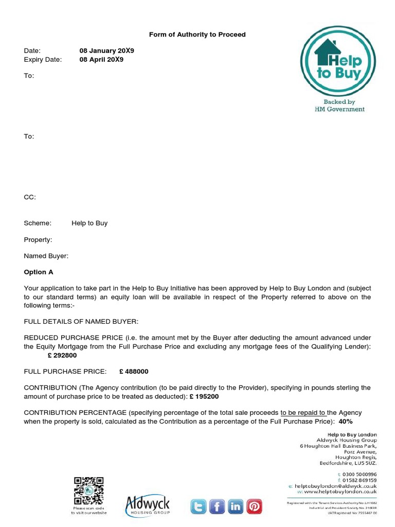 Sample Help To Buy Authority To Proceed Letter | PDF | Mortgage Loan ...