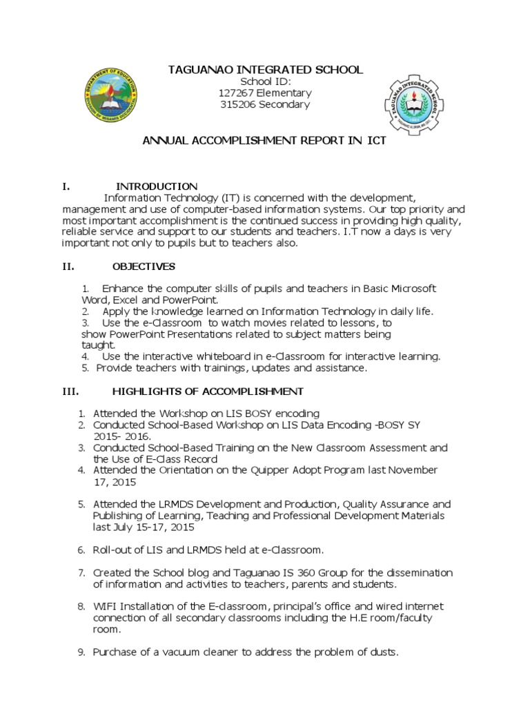 Accomplishment Report Ict | PDF | Teachers | Educational Technology
