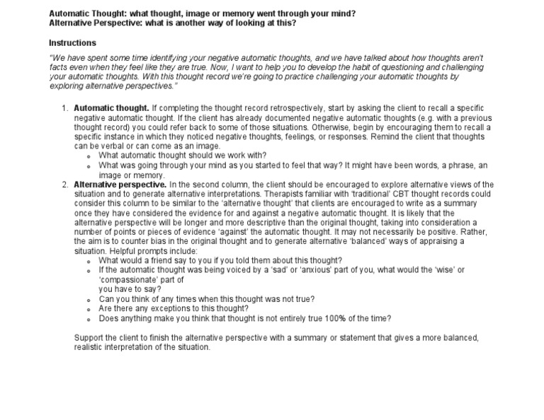 Automatic Thought Record | PDF | Thought | Cognitive Behavioral Therapy