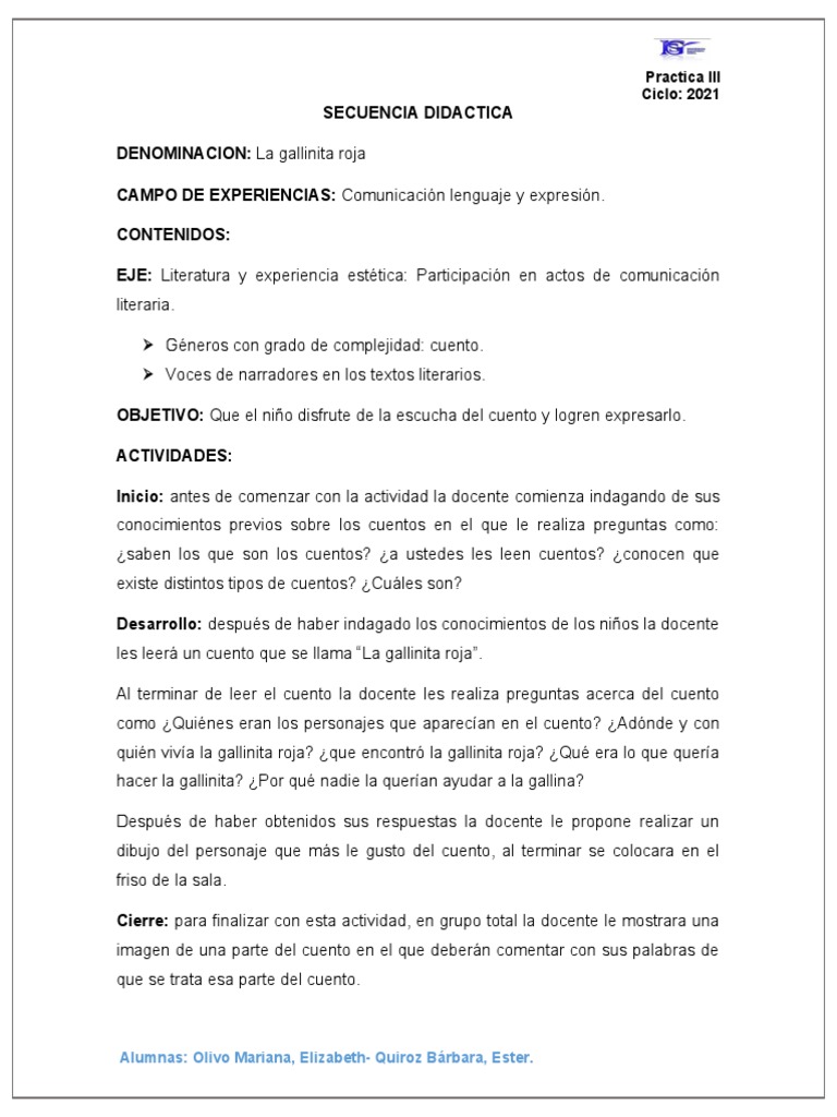 Secuencia Didáctica: La Gallinita Roja | PDF