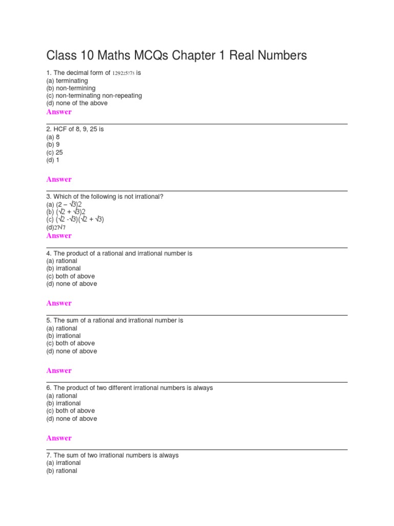 Class 10 Maths Mcqs Chapter 1 Real Numbers: Answer | PDF | Numbers | Rational Number