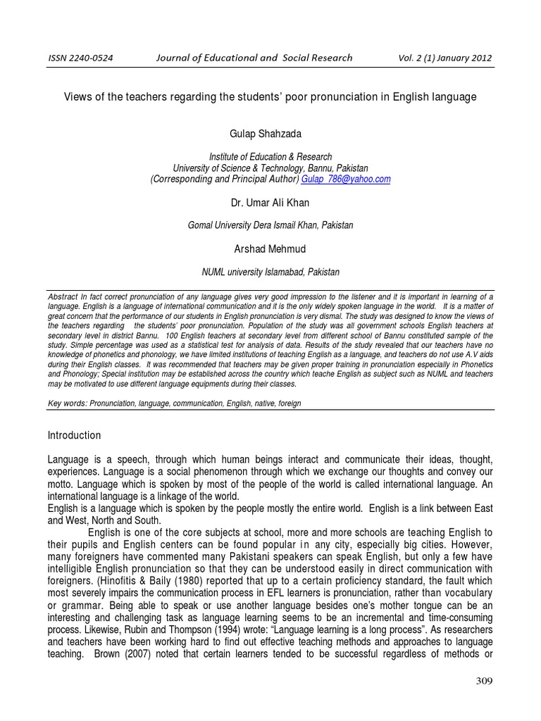 Views of teachers on students' poor English pronunciation | PDF ...