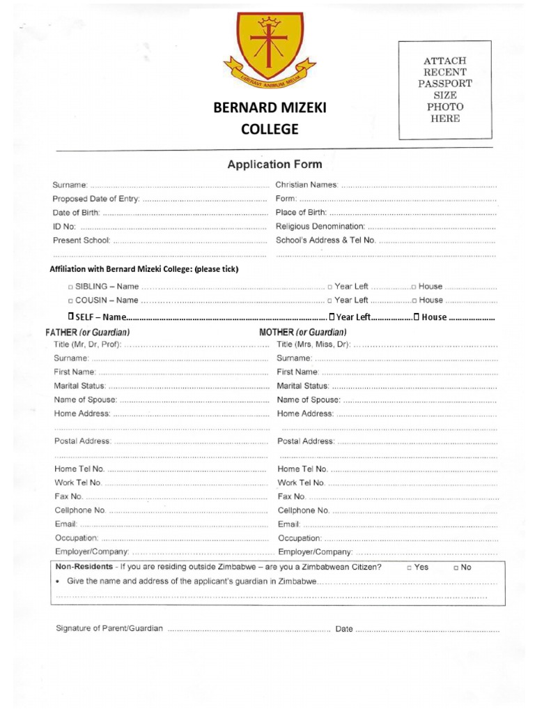Bernard Mizeki College Application Form 1 2022 | PDF