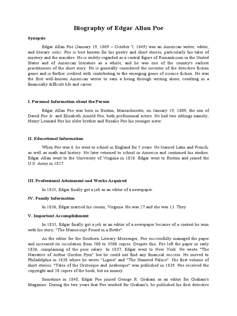 Biography of Edgar Allan Poe | PDF | Edgar Allan Poe