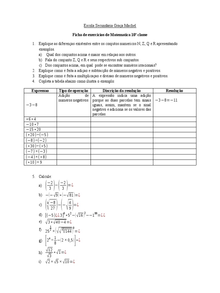 Exercícios de Matemática 10ª Classe | PDF | Números | Matemática