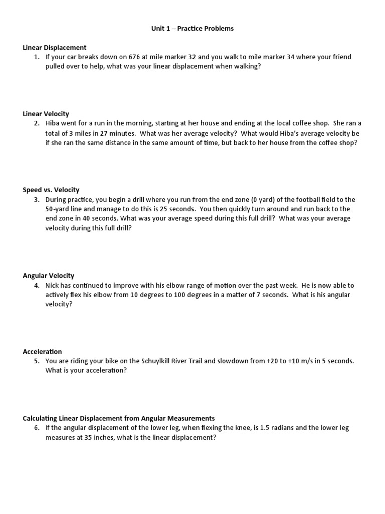 Worksheet of Practice Problems - Unit 1 - Biomechanics | PDF | Velocity ...