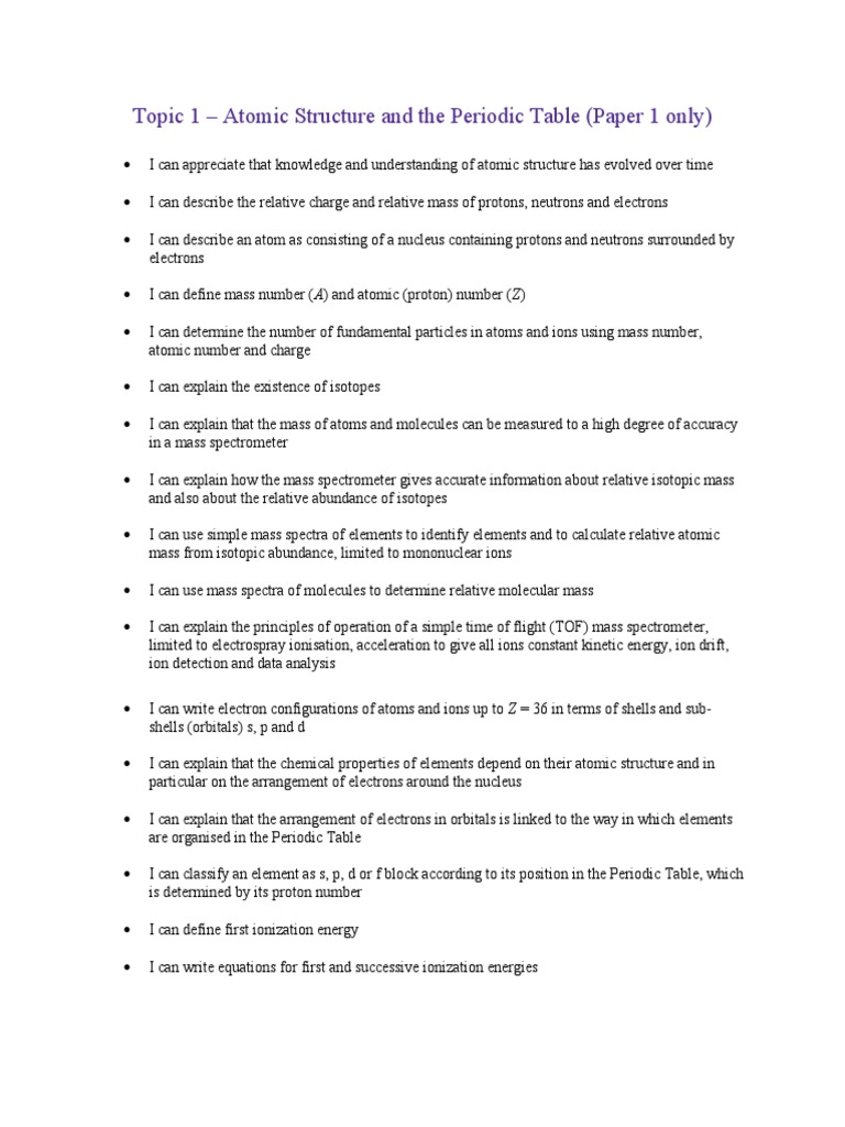 Topic 1 Atomic Structure And The Periodic Table Paper 1 Only Pdf