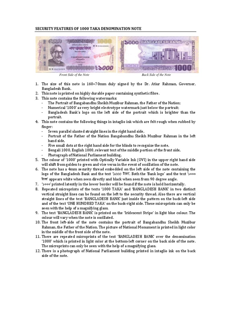 Security Features of 1000 Taka Note English | PDF | Graphic Design