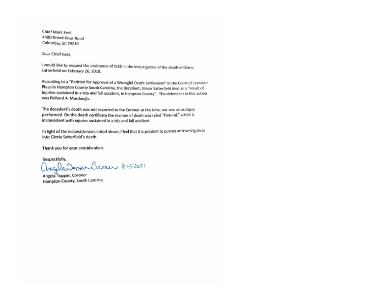 Hampton County Coroner Request For SLED Investigation | PDF