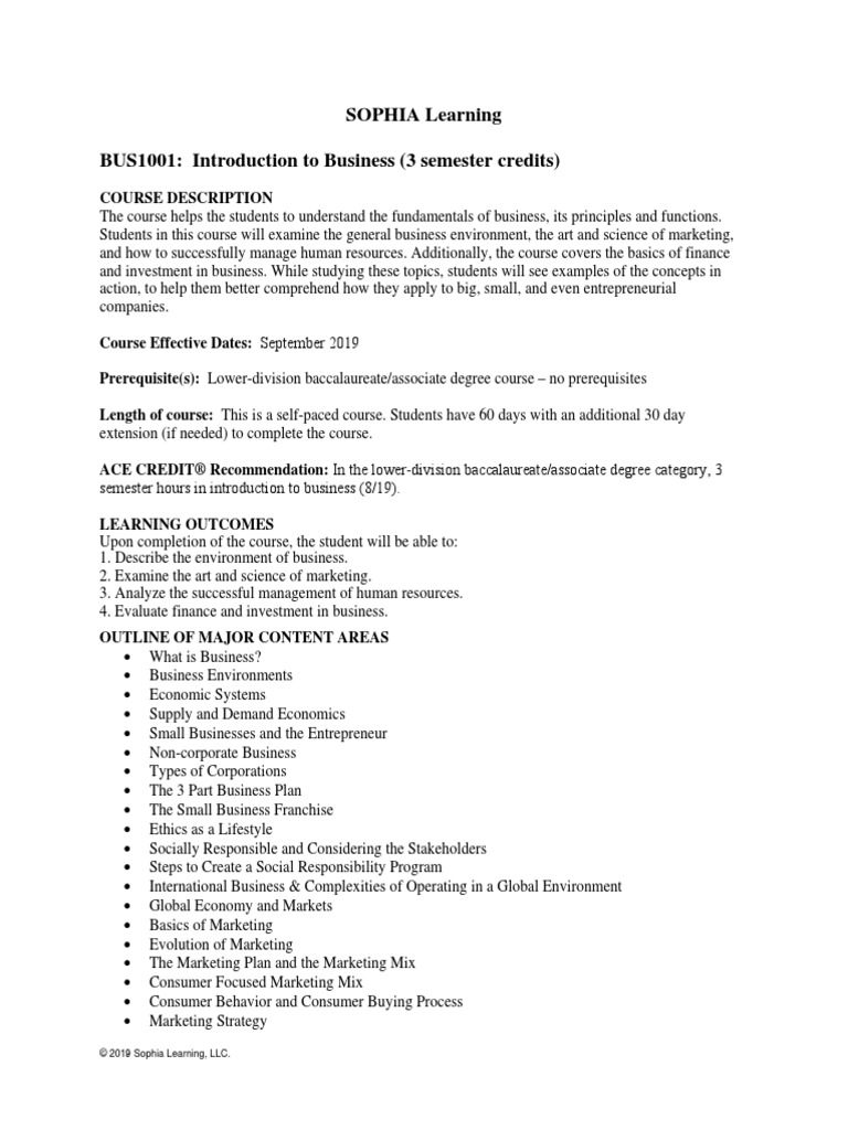 SOPHIA BUS1001 Introduction To Business Course Outline 2019 | PDF ...