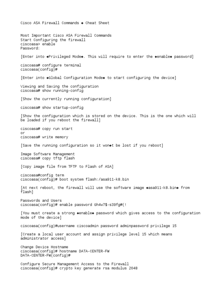 Cisco ASA Firewall Commands - Cheat Sheet | PDF | Ip Address | Computer Network