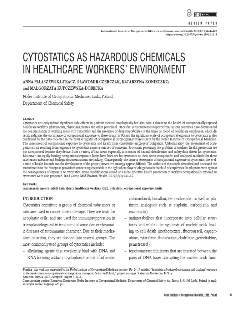 Cytostatics As Hazardous | PDF | Chemotherapy | Occupational Safety And ...
