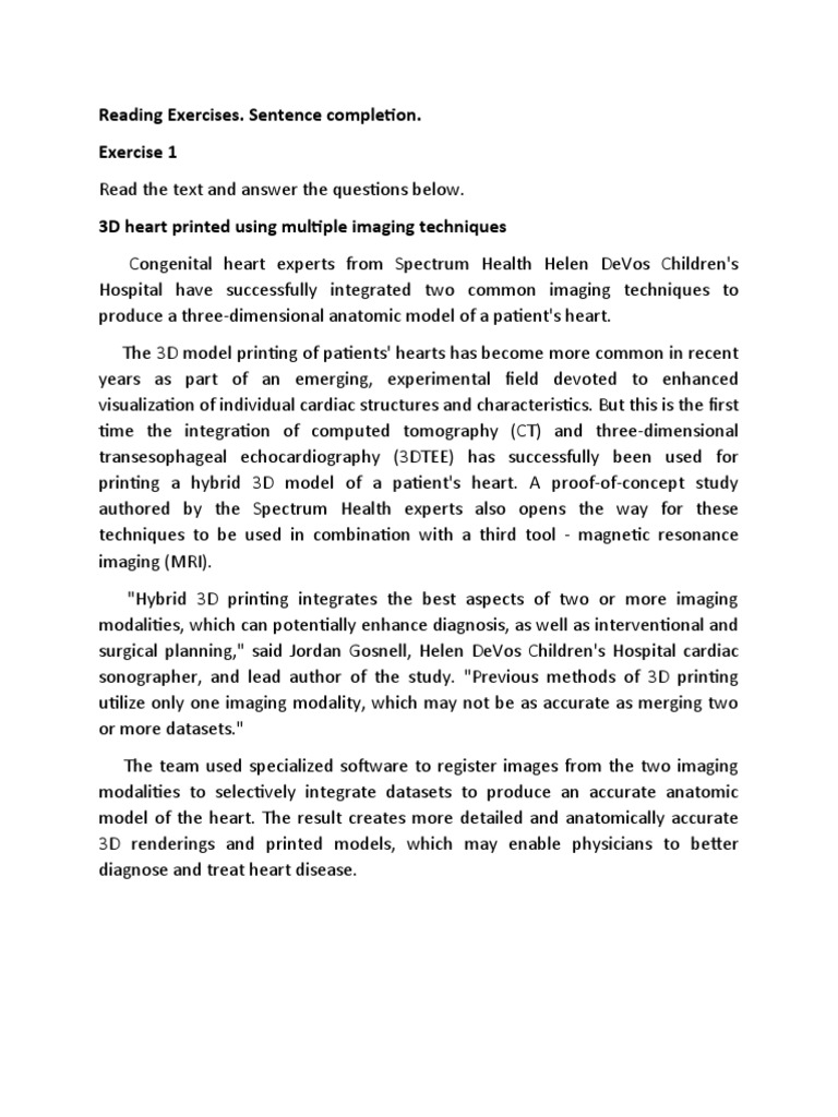 Reading Exercises. Sentence Completion. Exercise 1 | PDF