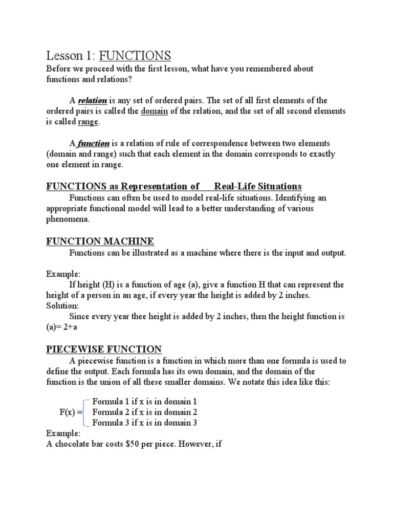 Lesson 1: FUNCTIONS: FUNCTIONS As Representation of Real-Life Situations | Download Free PDF ...