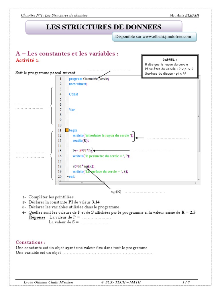 Ch1 Les Structures De Données 4scx 2021 Pdf Fonction Trigonométrique Pi