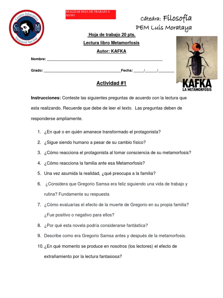 Hoja de Trabajo Metamorfosis KAFKA | PDF | La metamorfosis | Franz Kafka