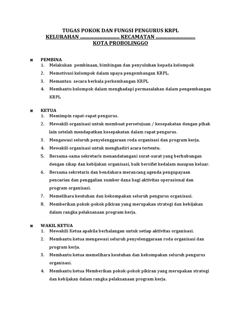 01 Tupoksi Pengurus KRPL | PDF