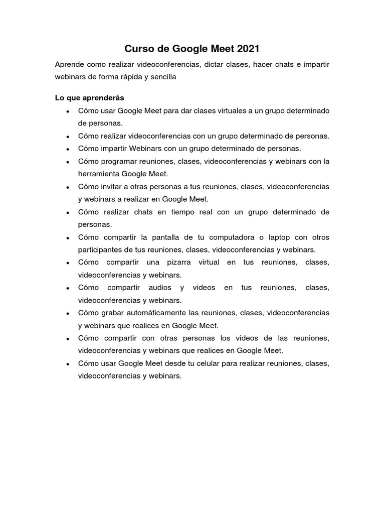 Curso Completo de Google Meet 2021 | PDF | Videotelefonía | Chat en linea