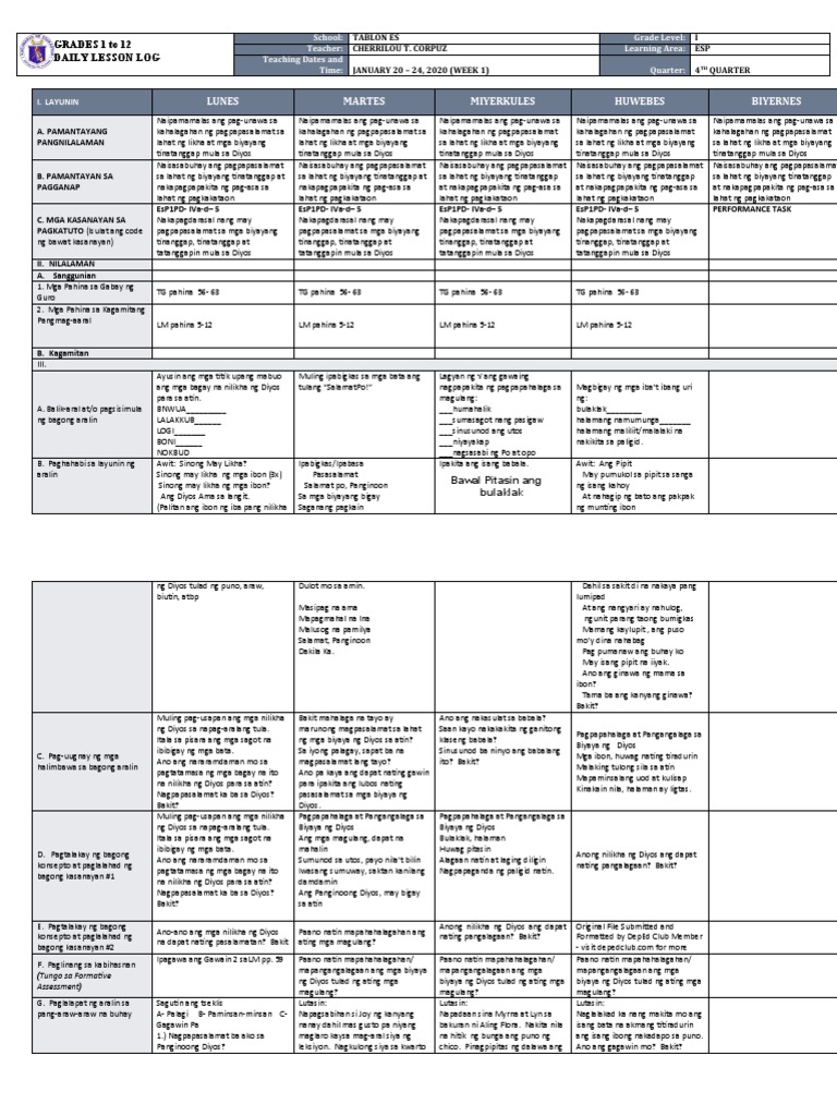 DLL All Subjects Q4 Week 1 | PDF