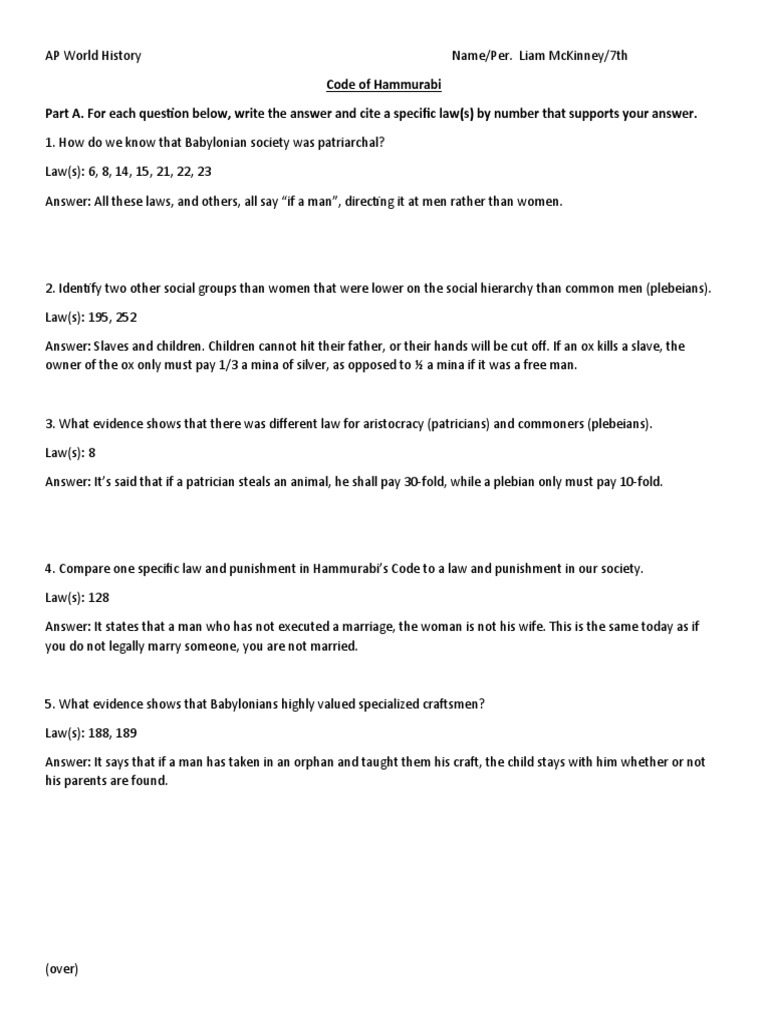Code of Hammurabi Part A. For Each Question Below, Write The Answer and ...