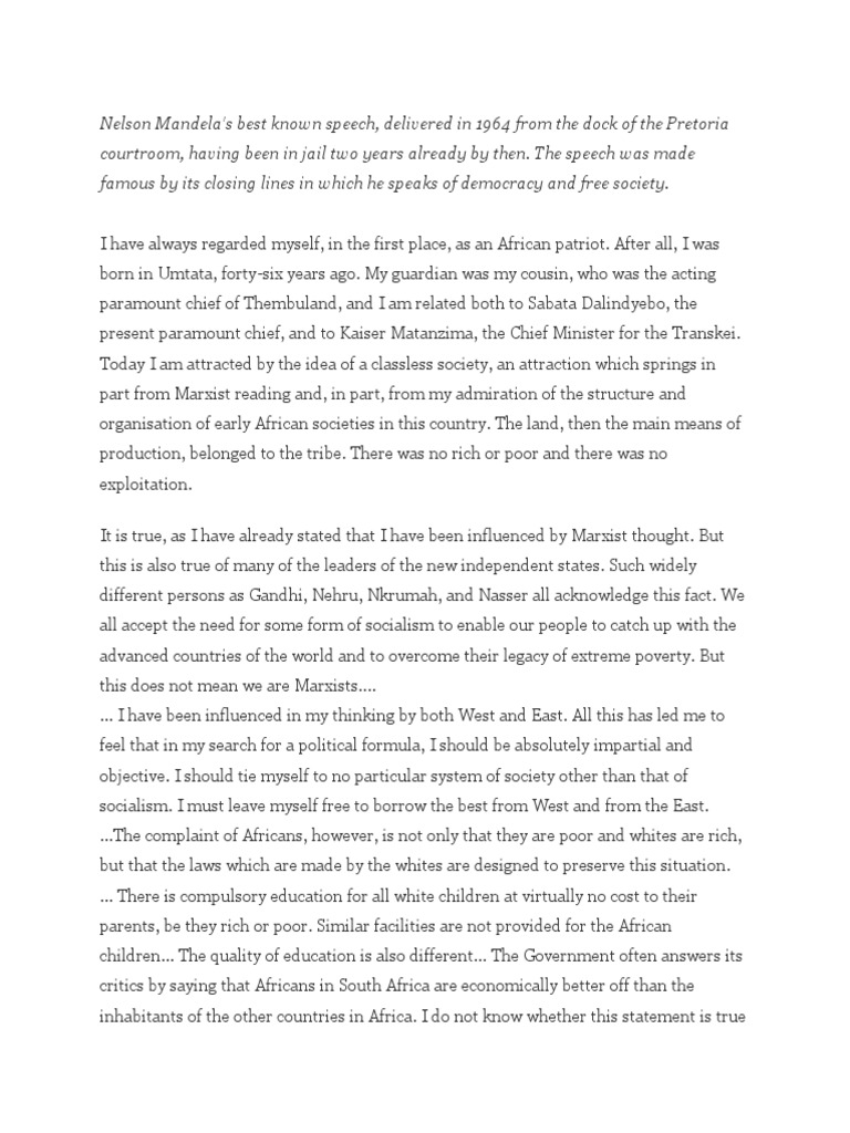 Nelson Mandela Prepared To Die Speech | PDF | Political Theories ...