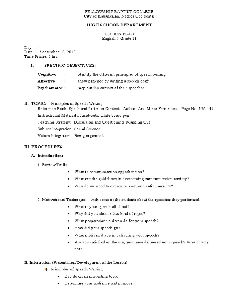 Lesson Plan On Principles of Speech Writing | PDF | Speech | Lesson Plan