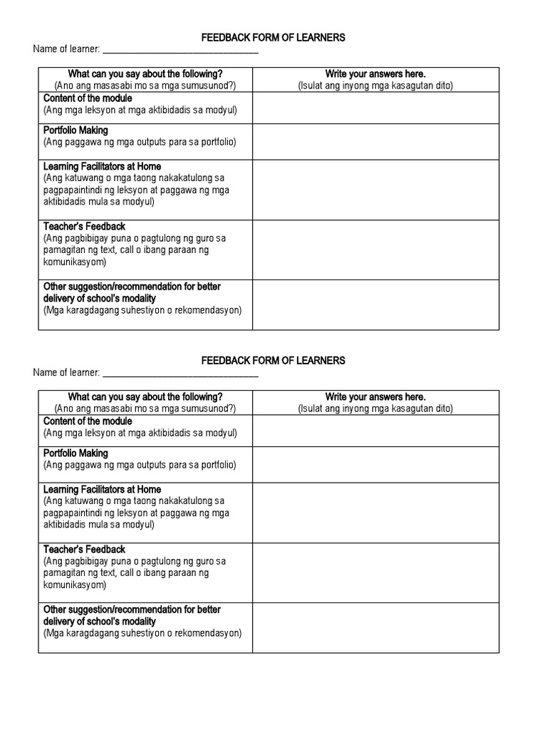 Feedback Form Learners | PDF