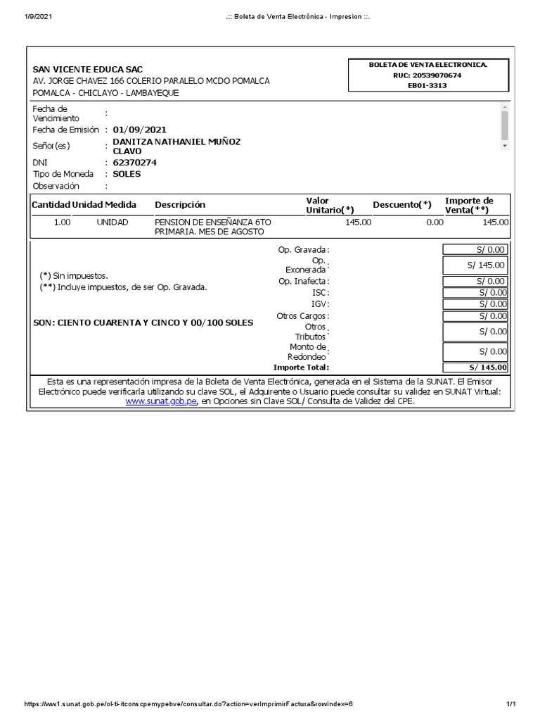 Boleta de Venta Electrónica - EB01-3313 | PDF
