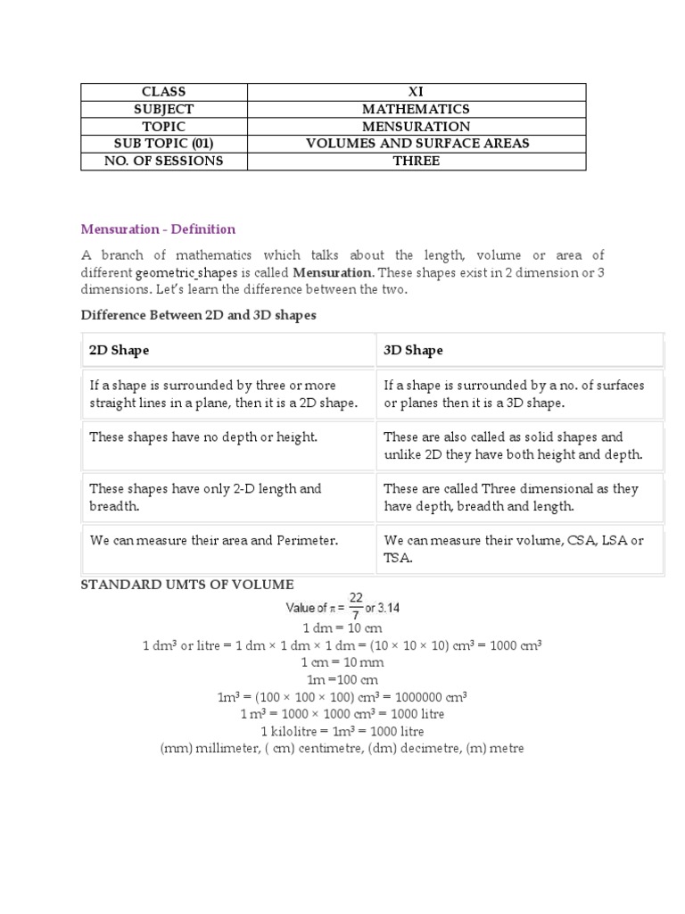 Class XI Subject Mathematics Topic Mensuration Sub Topic (01) Volumes ...