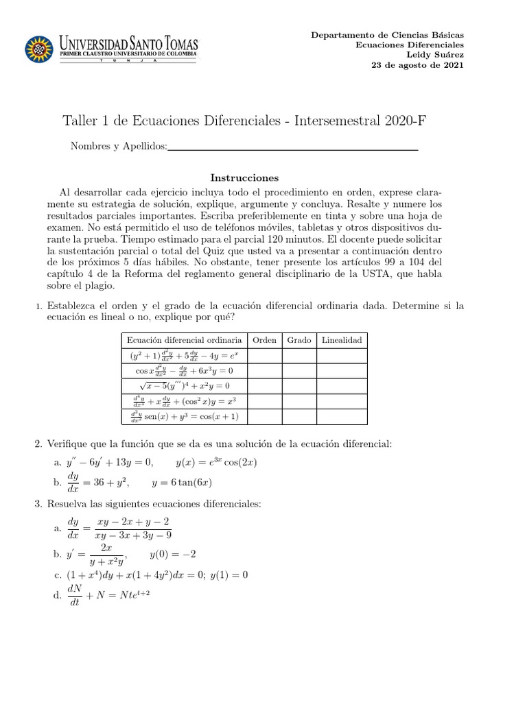 Taller 1 de Ecuaciones Diferenciales 2021 - 2 | PDF | Ecuaciones | Álgebra