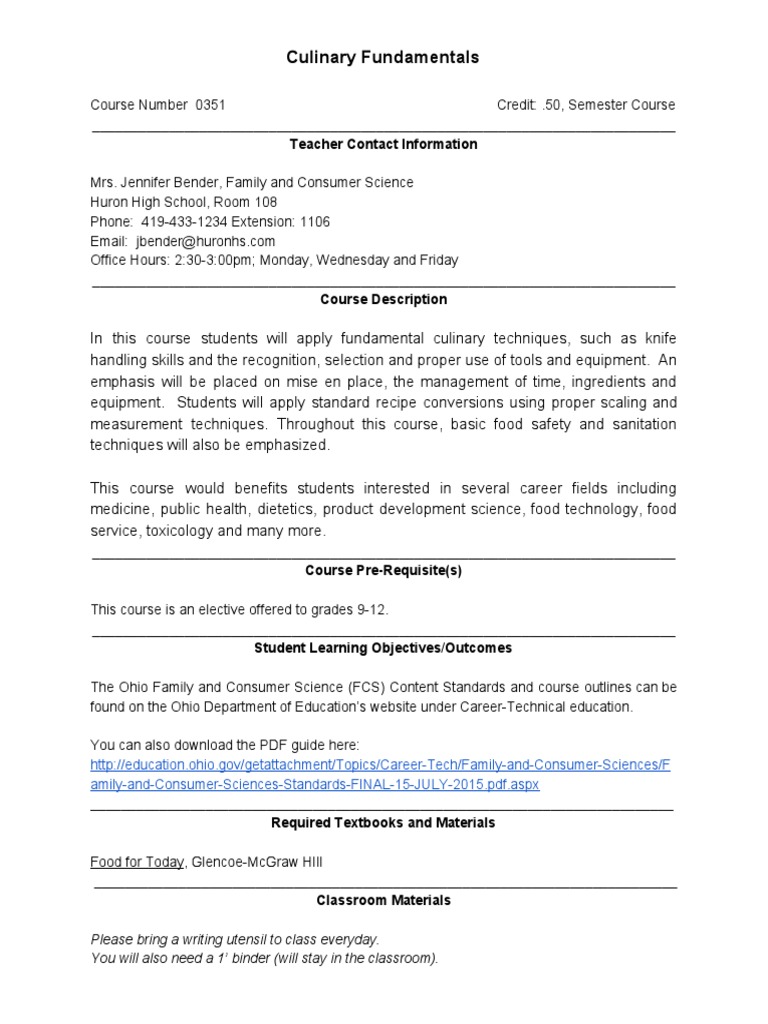 Culinary Fundamentals Syllabus | PDF | Foods