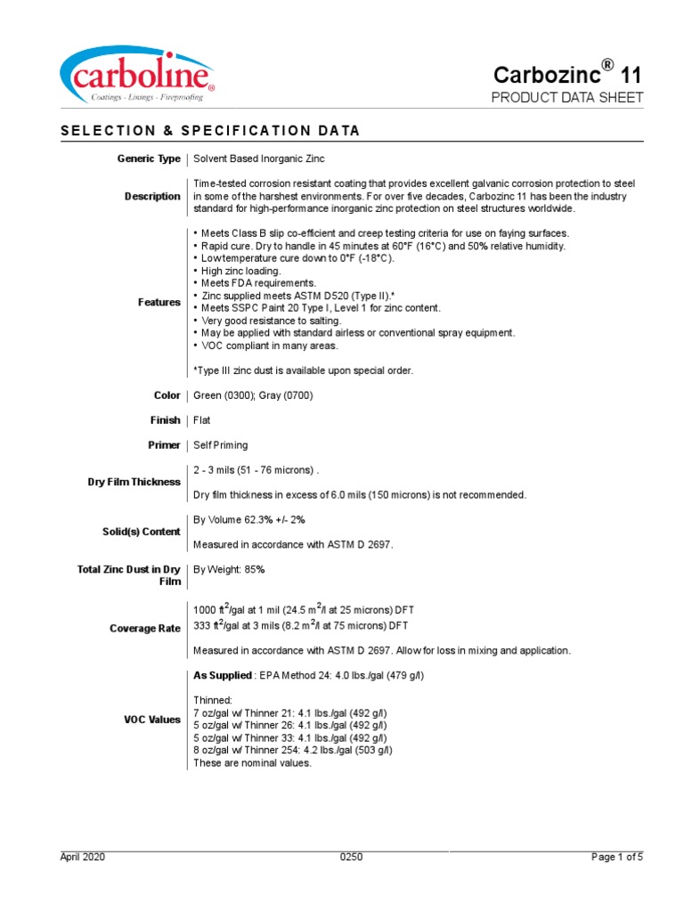 Carbozinc 11: Selection & Specification Data | PDF | Humidity | Corrosion