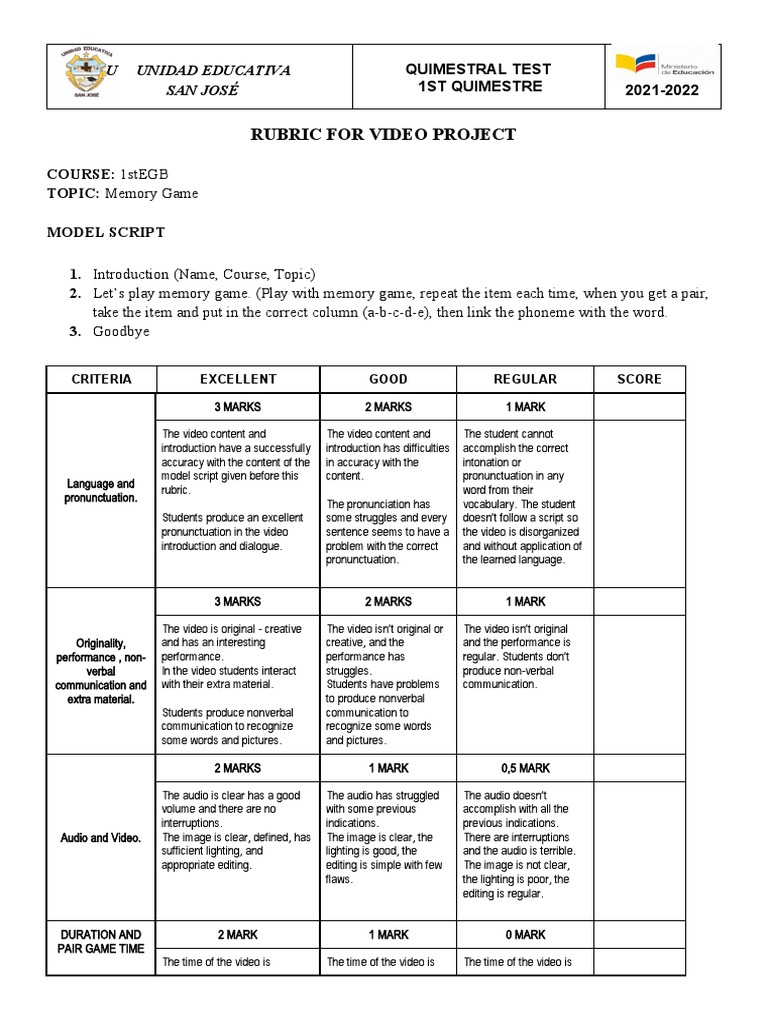 Rubric For Video Project - Quimestral Video-1stegb | PDF ...