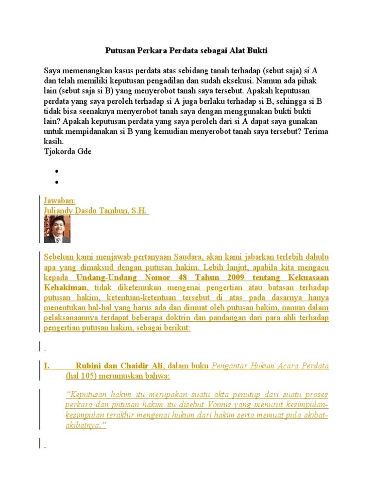 Putusan Perkara Perdata Sebagai Alat Bukti | PDF