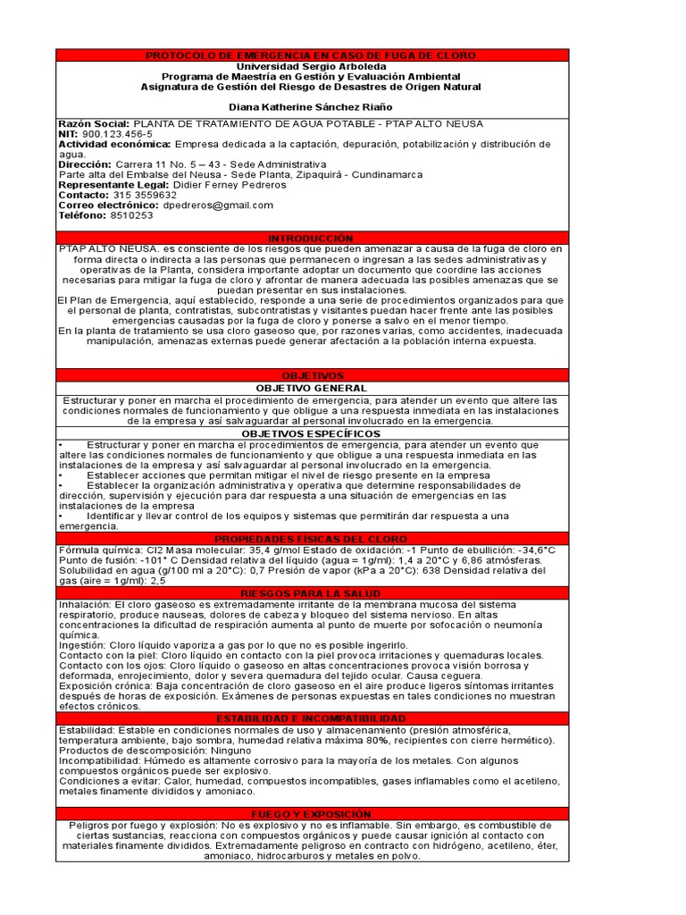 Protocolo de Emergencia Fuga de Cloro | PDF | Agua | Amoníaco