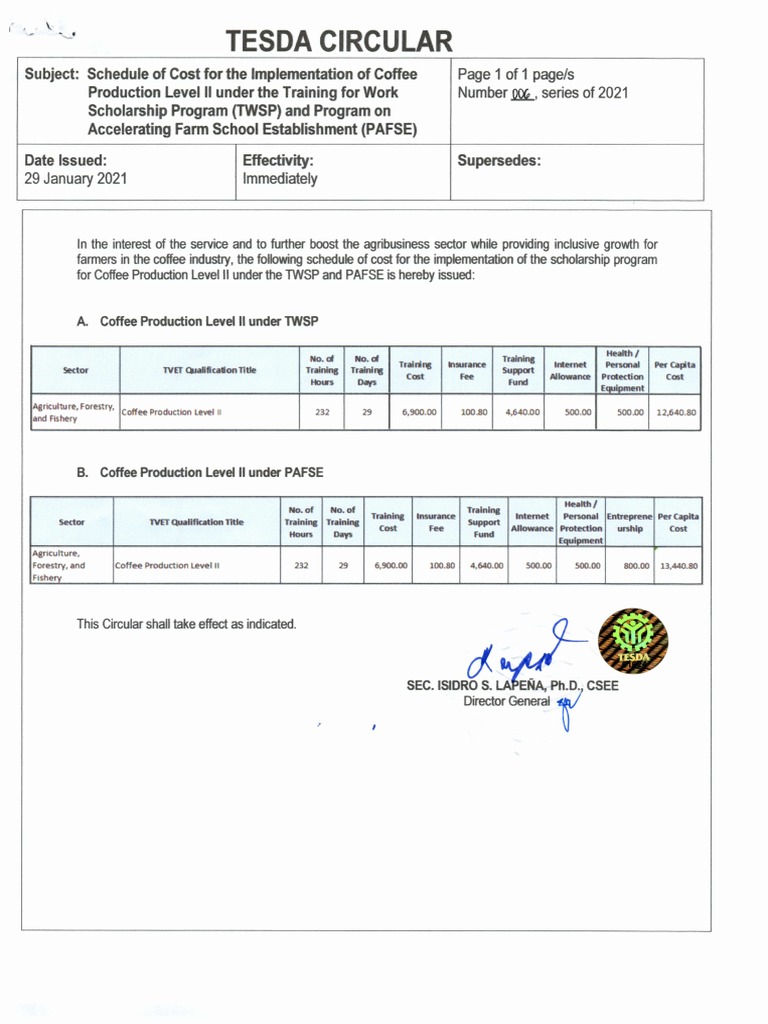 TESDA Coffee Production Cost 2021 | PDF | Food Industry | Economies