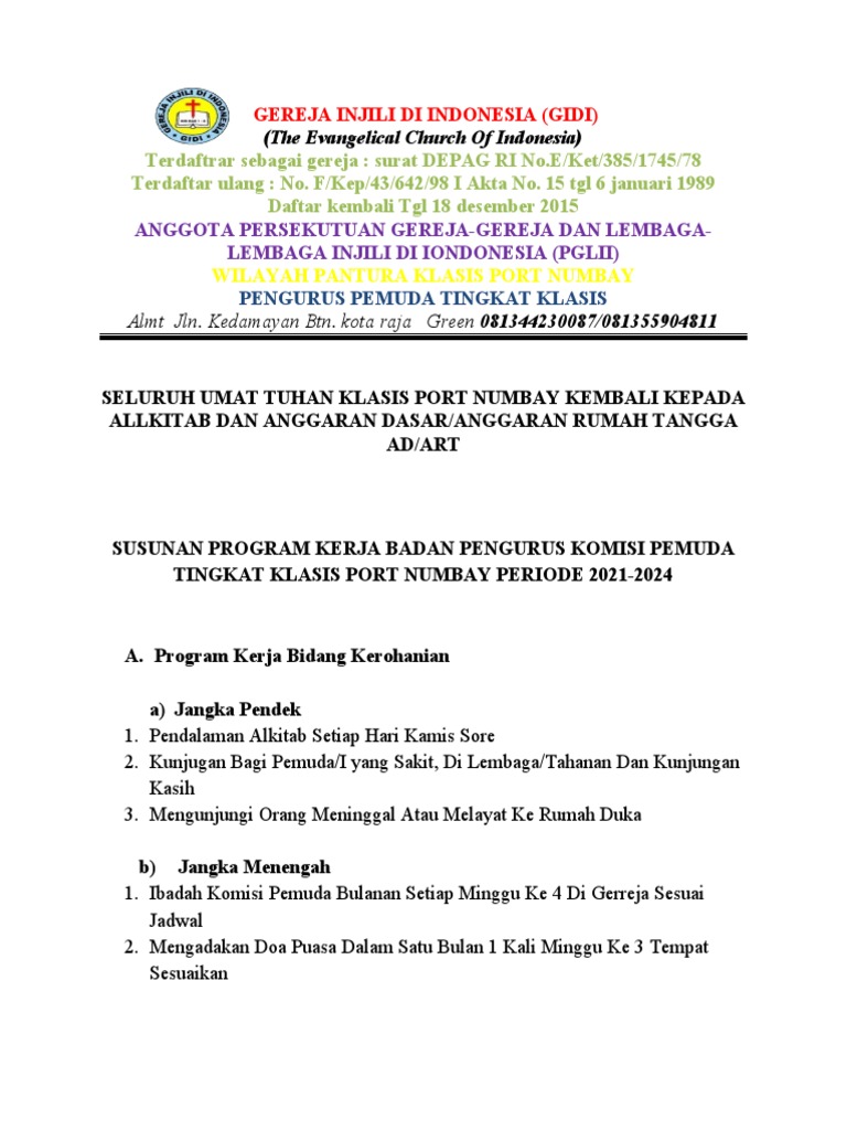 Program Kerja Komisi Pemuda Klasis Port Numbay | PDF