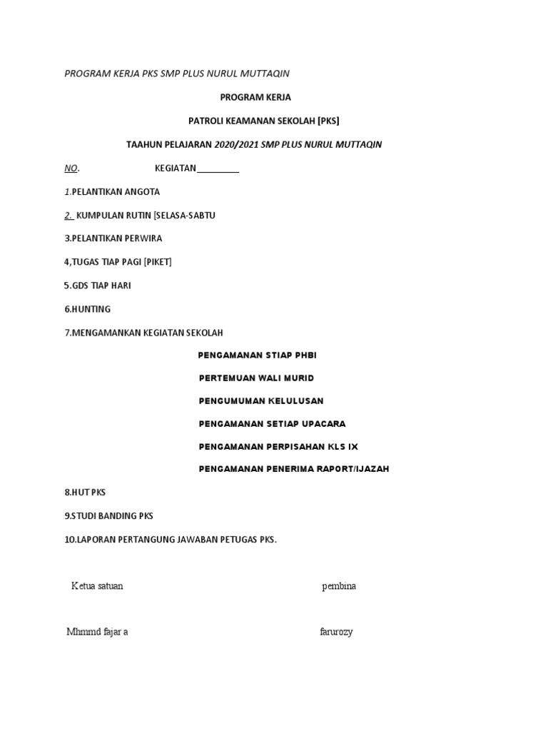 Program Kerja Pks SMP Plus Nurul Muttaqin | PDF